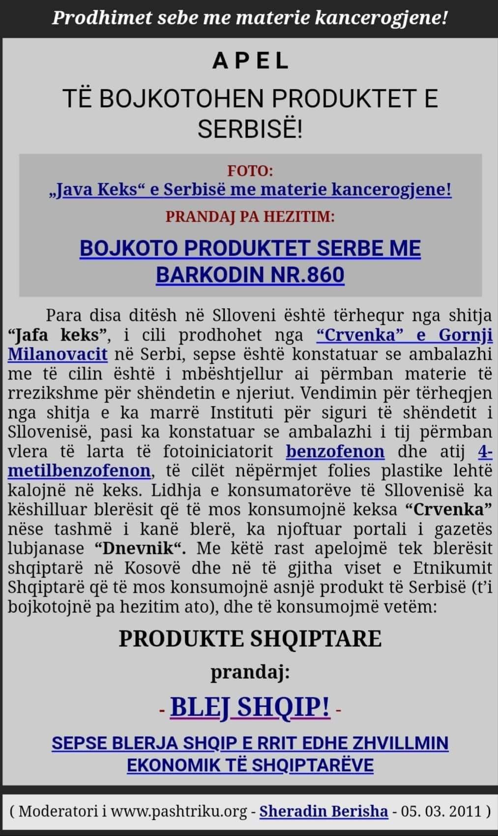 TË BOJKOTOHEN PRODUKTET E SERBISË! - Pashtriku